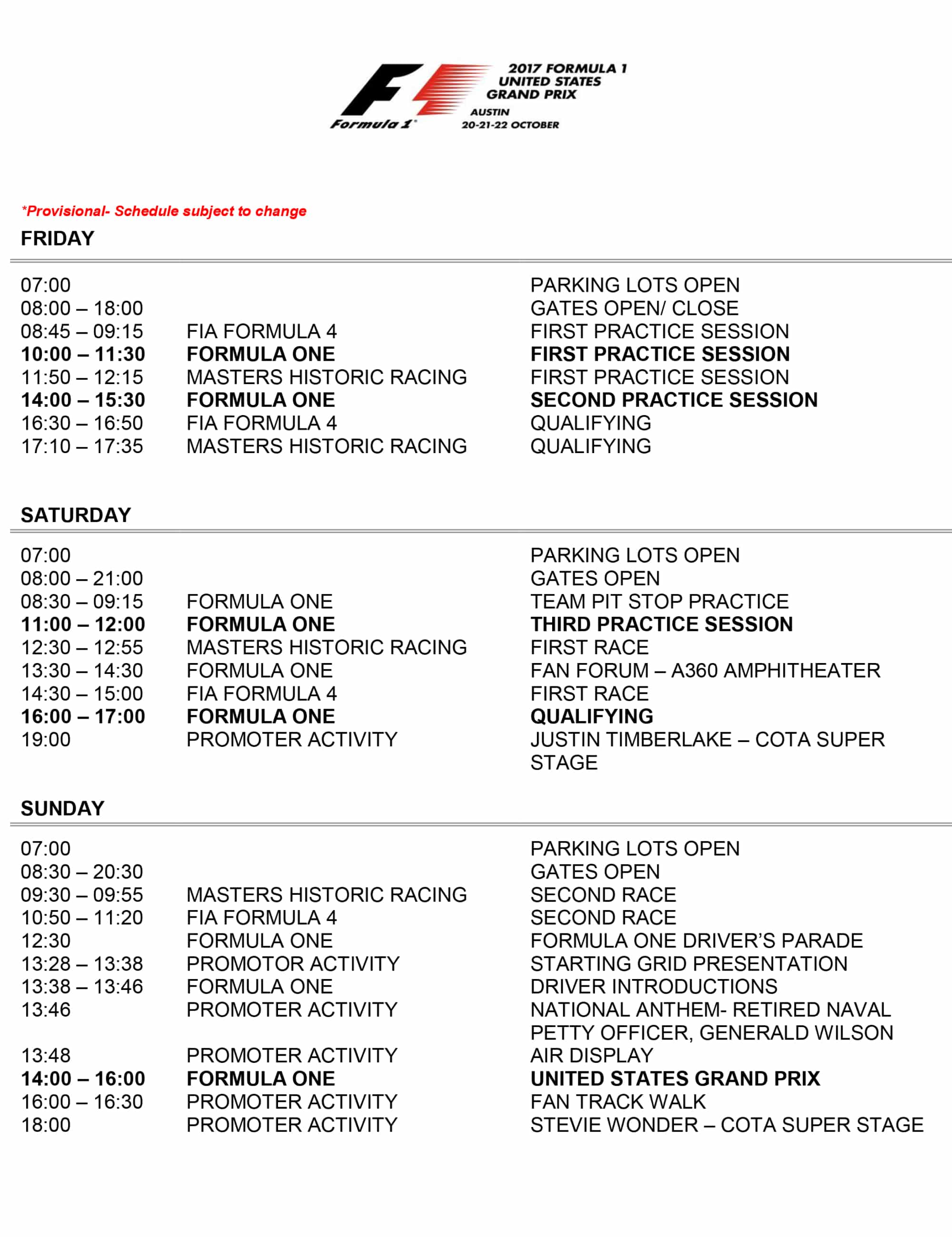 2017 Formula 1 United States Grand Prix Schedule Released - Home of the ...